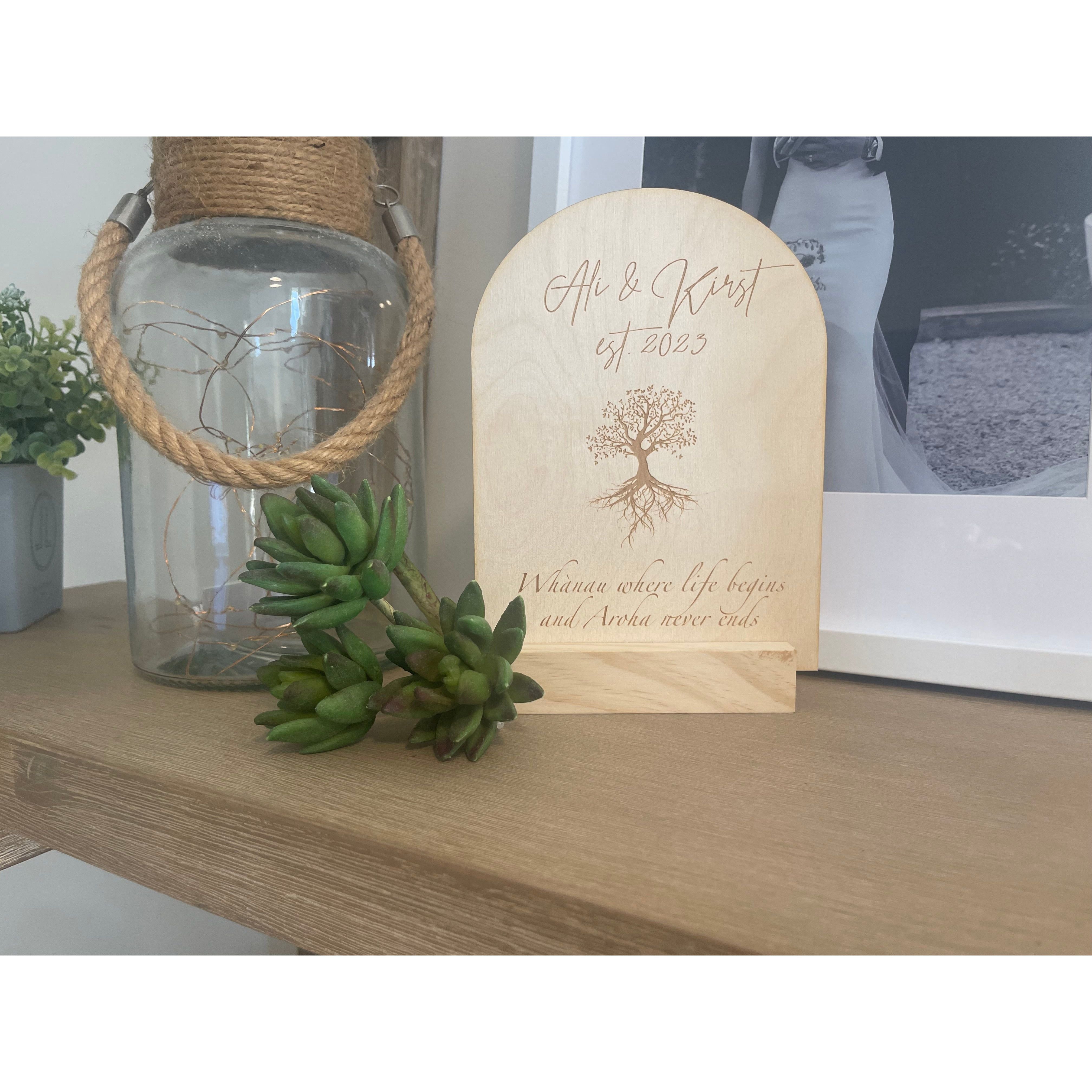 Wedding Gift Plaque & Stand - Whànau where life begins and Aroha never ...